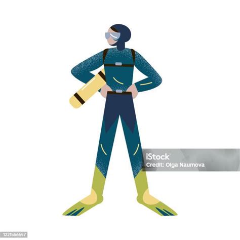 잠수복 오리발 아쿠아룽의 벨트에 손을 얹고 서 있는 스쿠버 다이버 플랫 만화 스타일의 벡터 일러스트레이션입니다 독일에 대한 스톡 벡터 아트 및 기타 이미지 Istock