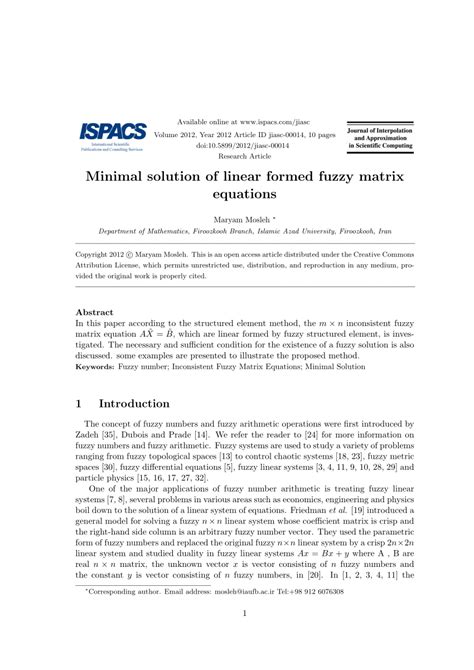 Pdf Minimal Solution Of Linear Formed Fuzzy Matrix Equations