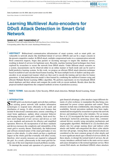 Pdf Learning Multilevel Auto Encoders For Ddos Attack Detection In Smart Grid Network