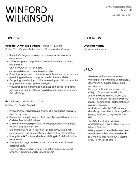 Quant Analyst Resume Samples Velvet Jobs