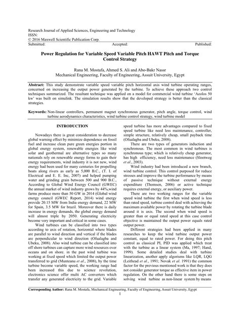 Pdf Power Regulation For Variable Speed Variable Pitch Hawt Pitch And Torque Control Strategy