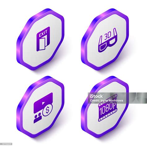 화면이 있는 이소메트릭 파이어 엑시트 3d 시네마 안경 스크린이 있는 시네마 강당 풀 Hd 1080p 아이콘을 설정합니다 보라색 육각 버튼 벡터 3차원 형태에 대한 스톡