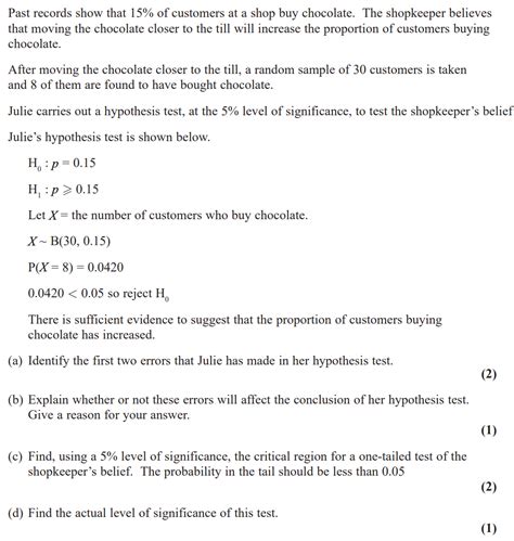 A Level Maths Test Binomial Distribution Hypothesis Testing
