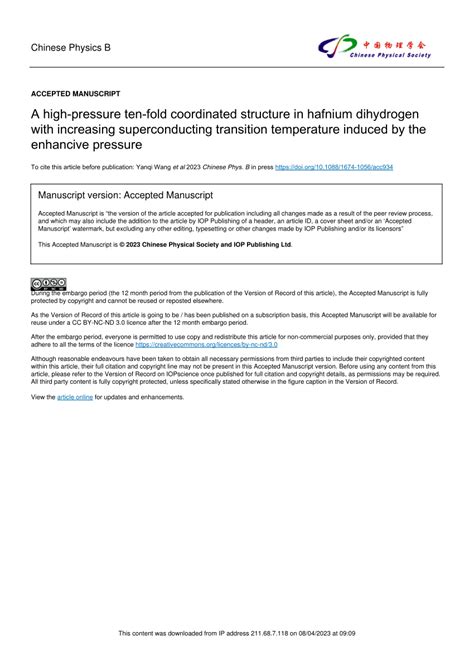 Pdf A High Pressure Ten Fold Coordinated Structure In Hafnium Dihydrogen With Increasing