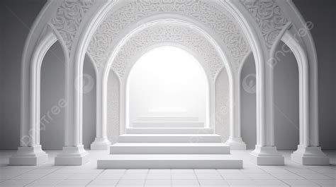흰색 챔버로 이어지는 계단이 있는 흰색 아치형 통로 프리미엄 제품을 위한 흰색 아치 배경 스탠드 목업용 3d 렌더링 고화질 사진 사진 배경 모형 배경 일러스트 및 사진