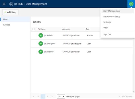 User And Data Source Management In Jet Hub Jet