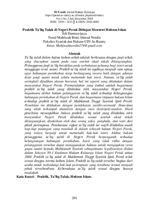 Pdf Praktik Taliq Talak Di Negeri Perak Ditinjau Menurut Hukum Islam