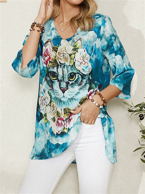 Cute Cat Floral Print Asymmetrical 34 Length Sleeve Casual Blouse