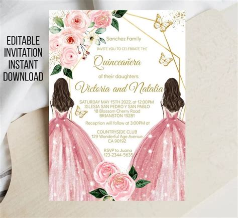 Invitación Quinceañera Twins Princesa Oro Rosa Floral Plantilla