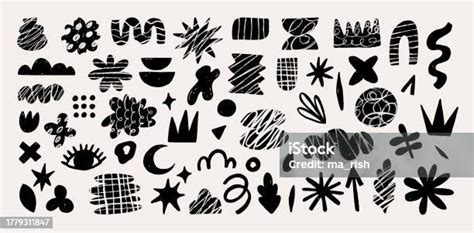 손으로 그린 순진하고 기괴한 추상적인 기하학적 모양과 형태 현대 현대 인물 다양한 유기적 모양 및 낙서 개체 벡터 그래픽 요소 드로잉에 대한 스톡 벡터 아트 및 기타 이미지