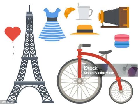 유명한 파리 아이콘 벡터 요리 전통 현대 프랑스 문화 유럽 여행 에펠 패션 디자인 건축 기호 그림 두발자전거에 대한 스톡 벡터