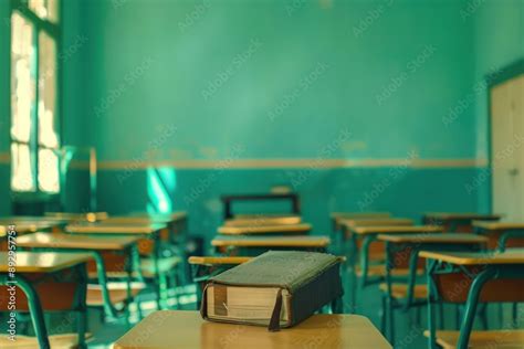 Class Room With Empty Desks And Book On The Desk Green Color Of Background Blurred Focus Stock