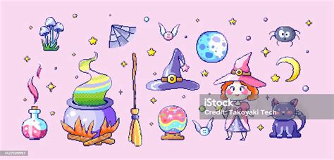 픽셀 아트 마녀 세트 소녀 마녀 마법사 모자 가마솥 빗자루 달 박쥐 검은 고양이 웹 버섯 크리스탈 볼 별 물약 스티커 용 엘릭시르 배지 이모티콘 지문과 같은 귀여운 8 비트