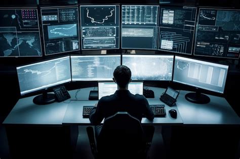 Premium Ai Image A Man Working At A Trading Desk With Multiple Computer Screens Displaying