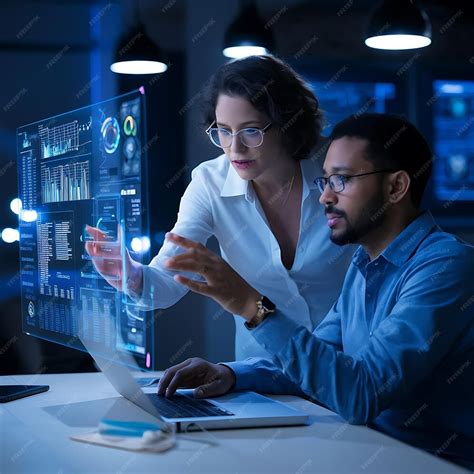 A Data Scientist And A Business Manager Collaborating Over A Holographic Data Dashboard