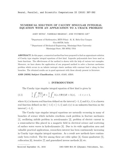 Pdf Numerical Solution Of Cauchy Singular Integral Equation With An Application To A Crack Problem