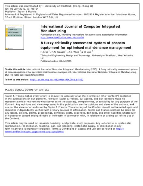 Pdf A Fuzzy Criticality Assessment System Of Process Equipment For Optimised Maintenance