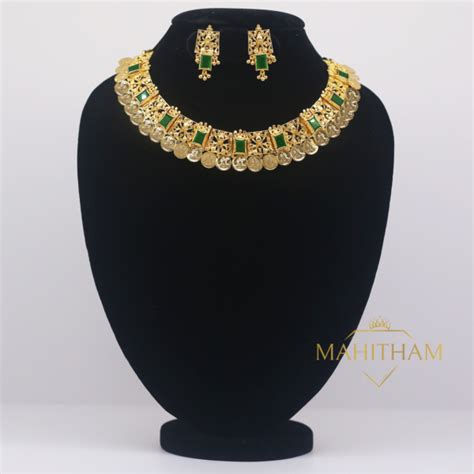 Traditional Amulya Lakshmi Coin Choker One Gram Gold Necklace Set Mg