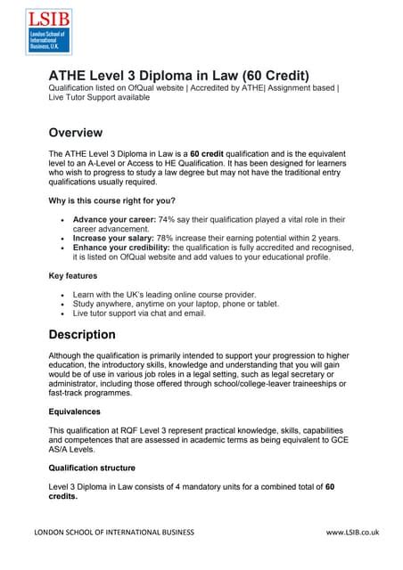 Athe Level 3 Diploma In Law 60 Credit Pdf