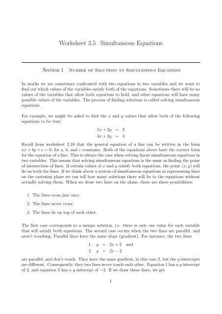 Worksheet 35 Simultaneous Equations