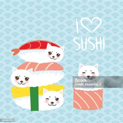 난 초밥 사랑 귀여운 재미 있는 초밥 세트 그리고 분홍색 뺨과 눈 Emoji 흰색 귀여운 고양이 일본 원형 패턴 아기 파란색 배경입니다 벡터 애완고양이에 대한 스톡 벡터