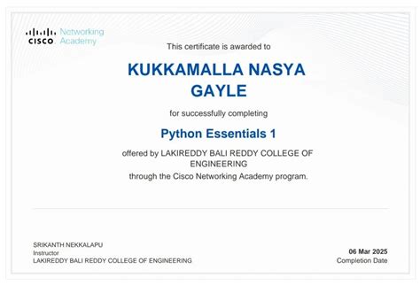 Python Certification Cisconetworkingacademy Lakireddybalireddycollege Kukkamalla Nasya Gayle