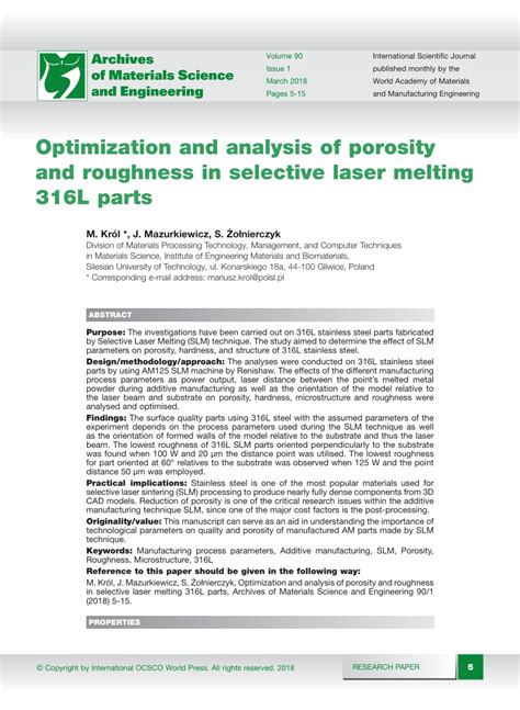 Pdf Optimization And Analysis Of Porosity And Roughness In Selective Laser Melting 316l Parts