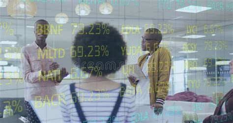 Animation Of Stock Market Data Processing Over Diverse Colleagues Discussing Together At Office