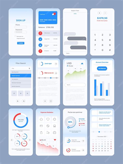 웹 페이지 디자인 사용자 Ui 키트가 있는 앱 온라인 템플릿 다양한 현대적인 기호 아이콘 탐색 프레임 검색 막대 슬라이더 버튼 디바이더 화려한 벡터 일러스트 프리미엄 벡터