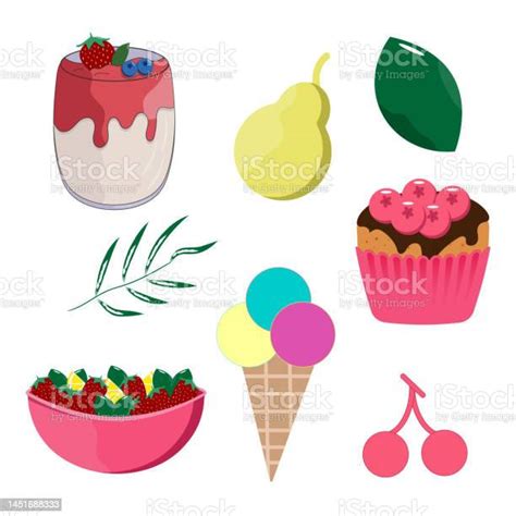 과자 세트 달콤한 파이 케이크 과자 과일 딸기 디저트 맛있는 고 칼로리 음식 모음 만화 플랫 스타일의 그림 흰색 배경에 격리 과일 케이크에 대한 스톡 벡터 아트 및 기타