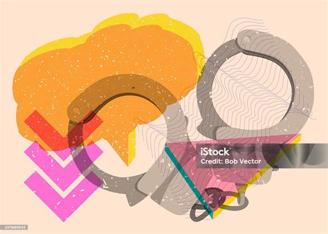 Risograph 기하학적 모양의 말풍선이 있는 수갑 트렌디한 Riso Graph의 개체는 기하학 요소가 있는 질감 스타일