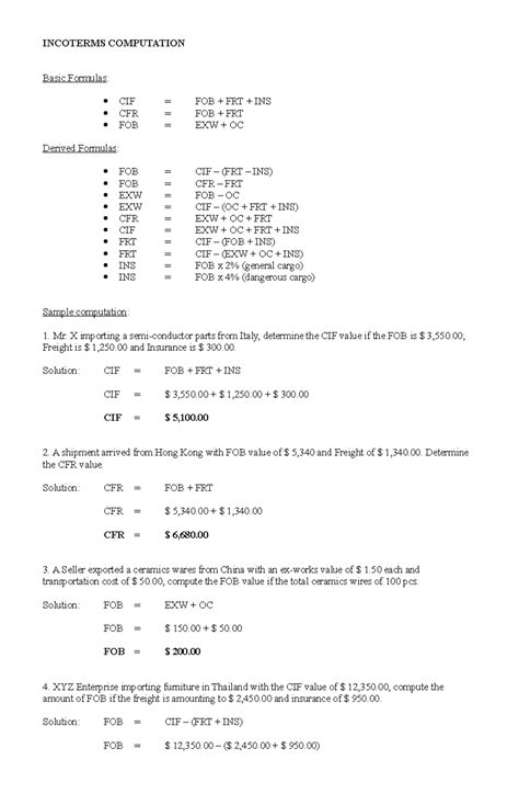 Tariff 5 Incoterms Computation Incoterms Computation Basic Formulas Tariff 5 Incoterms Computation Incoterms Computation Basic Formulas