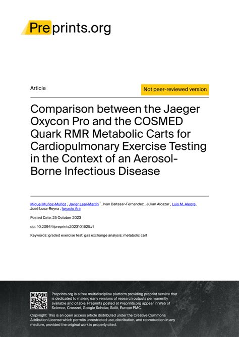 PDF Comparison Between The Jaeger Oxycon Pro And The COSMED Quark RMR Metabolic Carts For