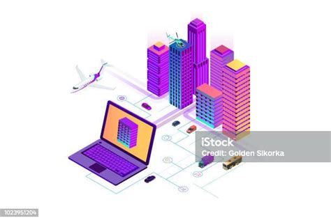 아이소메트릭 현대 도시입니다 개념 웹사이트 템플릿입니다 것 들 네트워크 및 증강된 현실 개념의 인터넷 스마트 서비스와 아이콘 스마트 시티 0명에 대한 스톡 벡터 아트 및