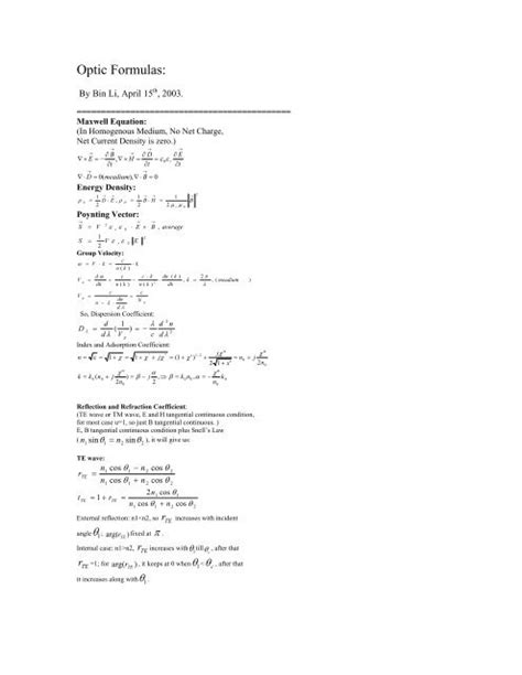 Useful Optics Formulas In PDF Format