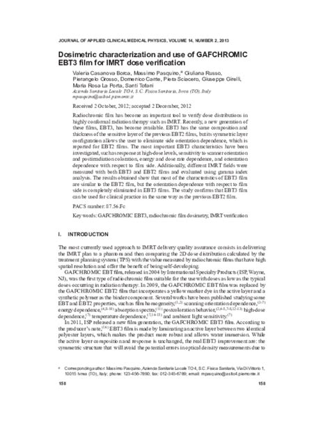 Pdf Dosimetric Characterization And Use Of Gafchromic Ebt3 Film For Imrt Dose Verification