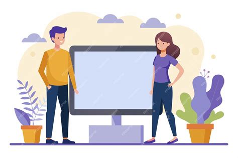 Premium Vector A Man And Woman Are Standing In Front Of A Computer Screen A Woman Standing In