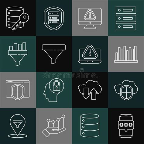 Set Line Mobile And Password Cloud Shield Pie Chart Infographic Monitor With Exclamation Mark