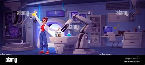 Woman Near Laboratory Robot Do Medical Research Happy Scientist In Lab For Experiment Discovery