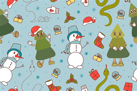 ลวดลายไร้รอยต่อของต้นคริสต์มาสตุ๊กตาหิมะงู สัญลักษณ์ปี 2025 ต้นไม้วันหยุดตลกน่ารัก พื้นหลั