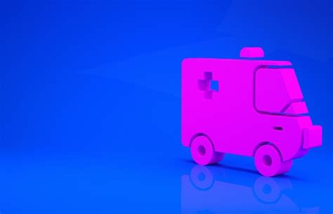 파란색 배경에 고립 된 분홍색 구급차와 응급 자동차 아이콘 구급차 차량 의료 대피 미니멀리즘 개념 3d 일러스트레이션 3d