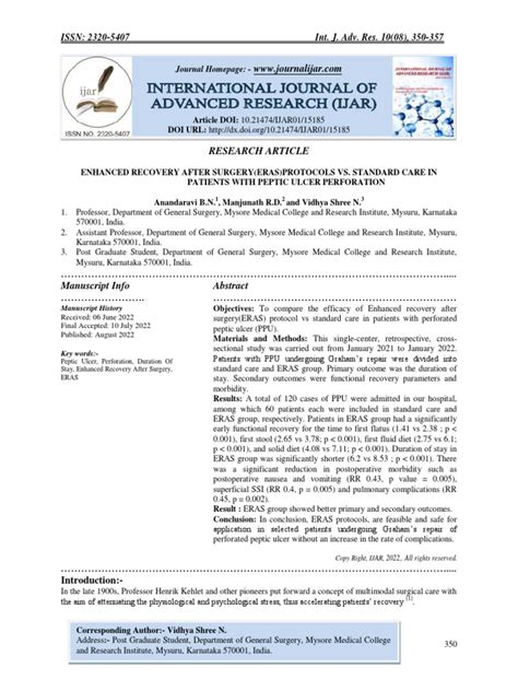 Enhanced Recovery After Surgery Eras Protocols Vs Standard Care In Patients With Peptic Ulcer