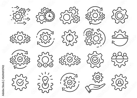 Process Management Icon Set In Flat Transmission Gear Wheel With Arrow Agile Process Thin Line