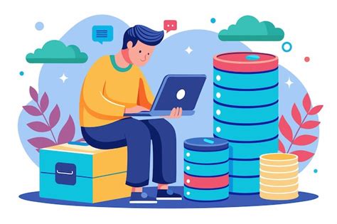 A Man Is Focused On Backing Up His Digital Data While Sitting Next To Colorful Database Images