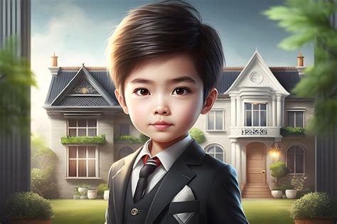 Premium Photo Cute Asian Chinese Boy In A Real Estate Agent Profession Generative Ai