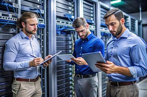 Computer Center Men And Data Engineer With Checklist Hardware And Connection As Programmer In It