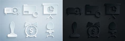 달러 기호 일정 차트 다이어그램 인포그래픽 파이 그래프 스탬프 사무실 의자 폴더 설정 기어 및 프레젠테이션 영화 영화 미디어