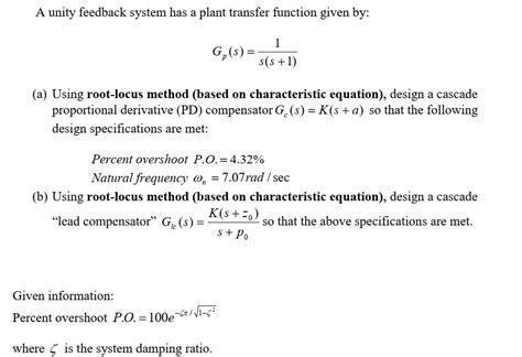 Solved A Unity Feedback System Has A Plant Transfer Function Given By
