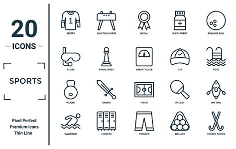 스포츠 선형 아이콘 세트입니다 얇은 라인 저지 스쿠버 무게 수영 하키 스틱 체중 규모 보고서 프리젠 테이션 다이어그램 웹 디자인에 대 한 래프팅 아이콘 포함