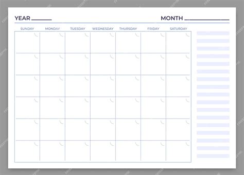 월간 플래너 템플릿입니다 벡터 월 및 주 계획 매일 달력 시간 주간 편지지 인쇄 작업 그림 프리미엄 벡터